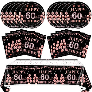 41PCS 60th Birthday Decorations for Women 60 years brithday party tableware set Plates Napkins tablecloth Vintage 1964 Party Supply Black And Rose Gold For Women