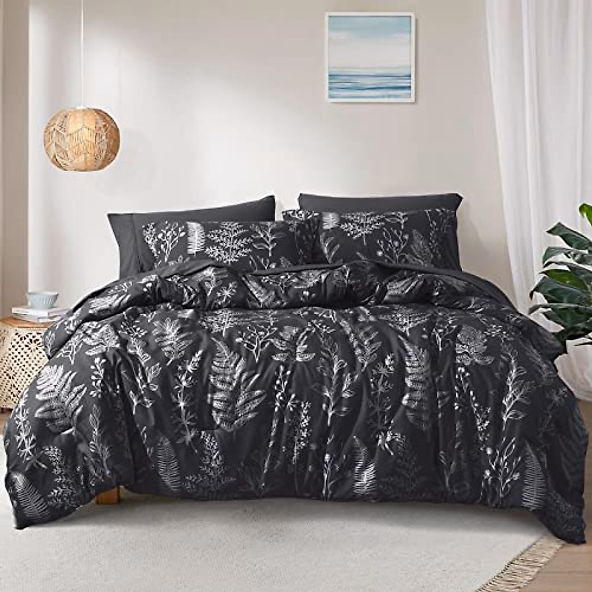 PHF Soft Printed Comforter Sets California King-7 PCS Bed in A Bag Comforter & Sheet Set-Botanical Cozy Bedding Set Include Comforter, Pillow Shams, Flat Sheet, Fitted Sheet and Pillowcase, Black