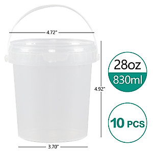 Xyskin 10 Pack Round Plastic Bucket Food Storage Containers, 28 oz Ice Cream Buckets with Lid and Handle, Clear
