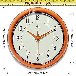 Infinity Instruments LTD. Retro 9 inch Silent Sweep Non-Ticking Mid Century Modern Kitchen Diner Wall Clock Quartz Movement Retro Wall Clock Decorative (Orange)