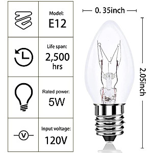 SkrLights 25 Pack C7 Clear Bulbs Christmas Light Bulbs C7 Outdoor String Light Replacement Bulbs, C7/E12 Candelabra Base, 5 Watt-Clear