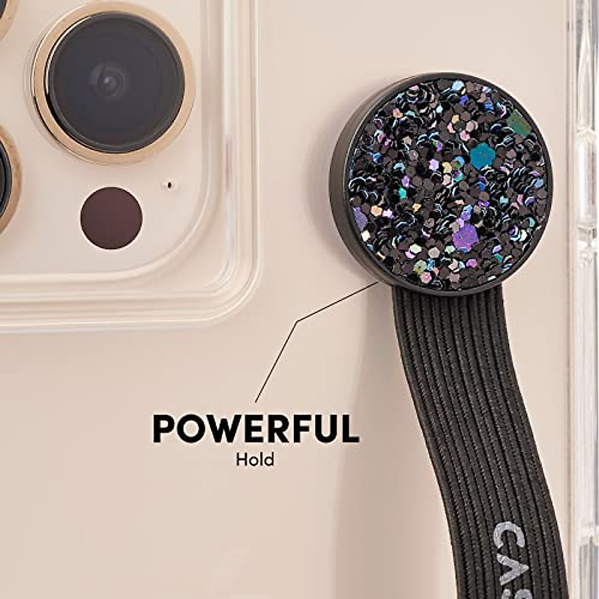 Case-Mate Elastic Strap Phone Grip - Finger & Hand Phone Holder, Mobile & Tablet Phone Strap For iPhone 14 Pro Max/ 13 Pro Max/ 12 Pro Max/ 11/ S23 Ultra/ Pixel 7, 3M Supreme Adhesive - Black Glitter
