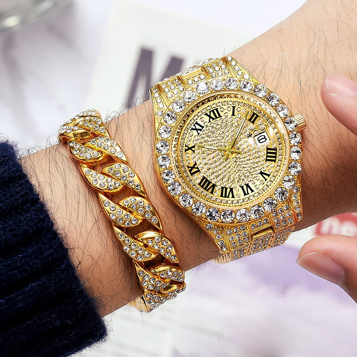 HUNRUY Hip Hop Watches for Men Iced-Out Bling Diamond Luxury Quartz Watches with Date (42mm Face Gold Diamond)