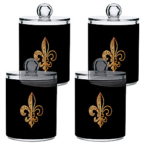 Quteprint 2 Pack Qtip Holder Dispenser, Gold Black Fleur De Lis Floral Clear Plastic Jar Bathroom Canister Storage for Cotton Swab, Cotton Ball, Floss Picks, Hair Clips, Makeup Sponges