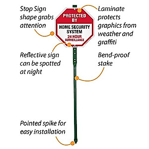SmartSign 10 x 10 inch “Protected By Home Security System - 24 Hour Surveillance” Yard Sign with 3 foot Stake, 40 mil Aluminum 3M Laminated Engineer Grade Reflective, Red, Black and White, Set of 1