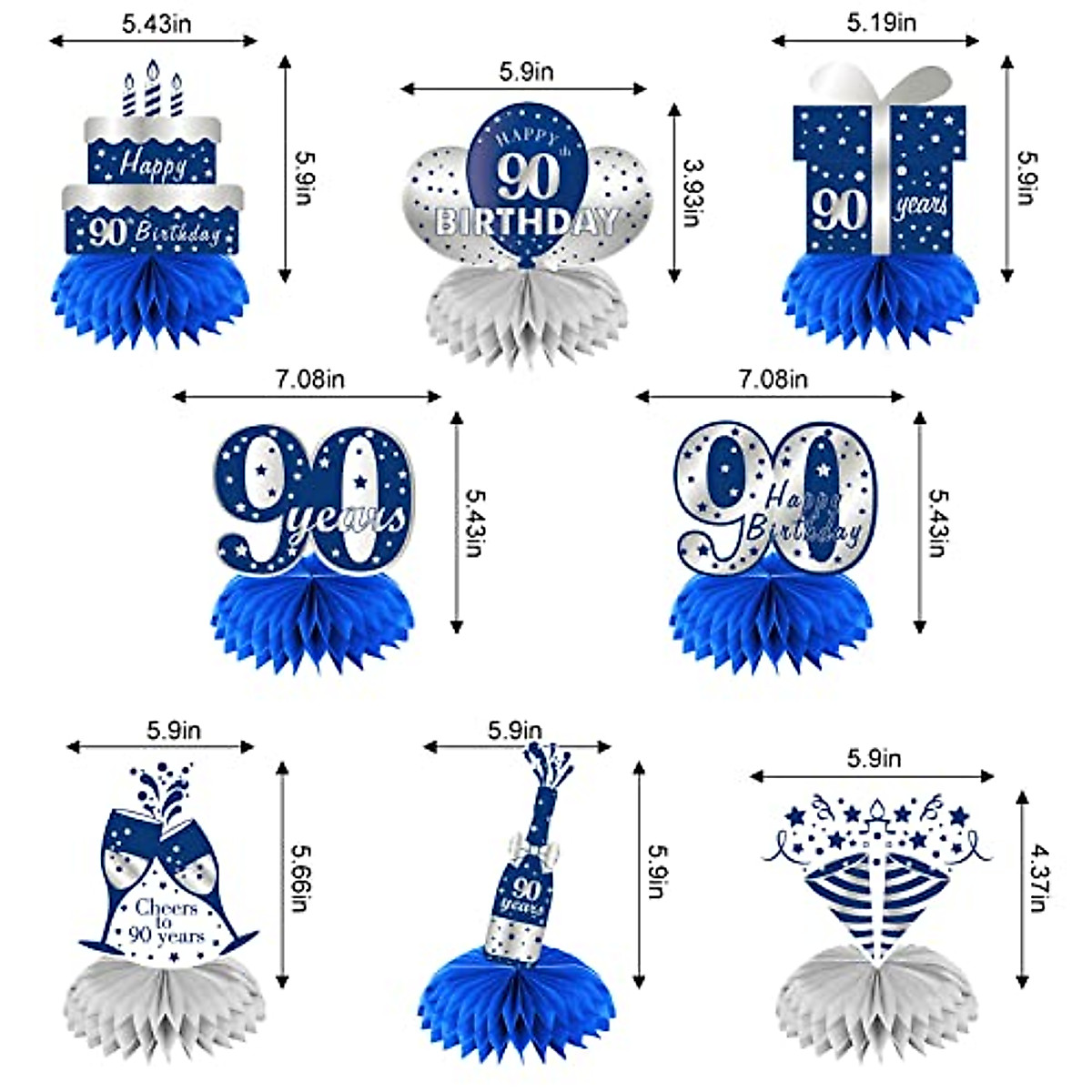 Kauayurk 8Pcs 90th Birthday Honeycomb Centerpieces Decorations for Men, Blue Silver 90 Year Old Birthday Table Centerpiece Party Supplies, 90 Birthday Table Topper Decor Sign