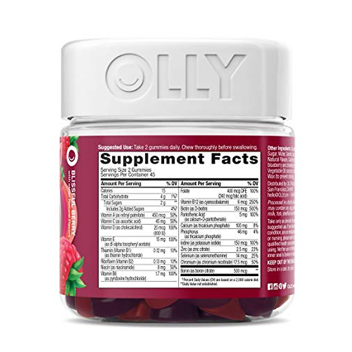OLLY Women's Multivitamin Gummy, Vitamins A, D, C, E, Biotin, Folic Acid, Chewable Supplement, Berry Flavor, 90-Day Supply - 180 Count