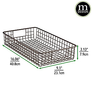 mDesign Metal Wire Food Storage Shallow Bin Basket with Handles for Organizing Kitchen Cabinets, Counter, Pantry Shelf - Perfect for Snacks, Drinks - Concerto Collection - Bronze