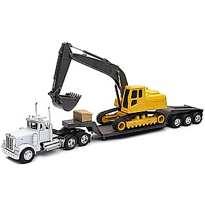 Peterbilt 379 Truck with Lowboy Trailer White and Backhoe Yellow Long Haul Trucker Series 1/32 Diecast Model by New Ray 11283C