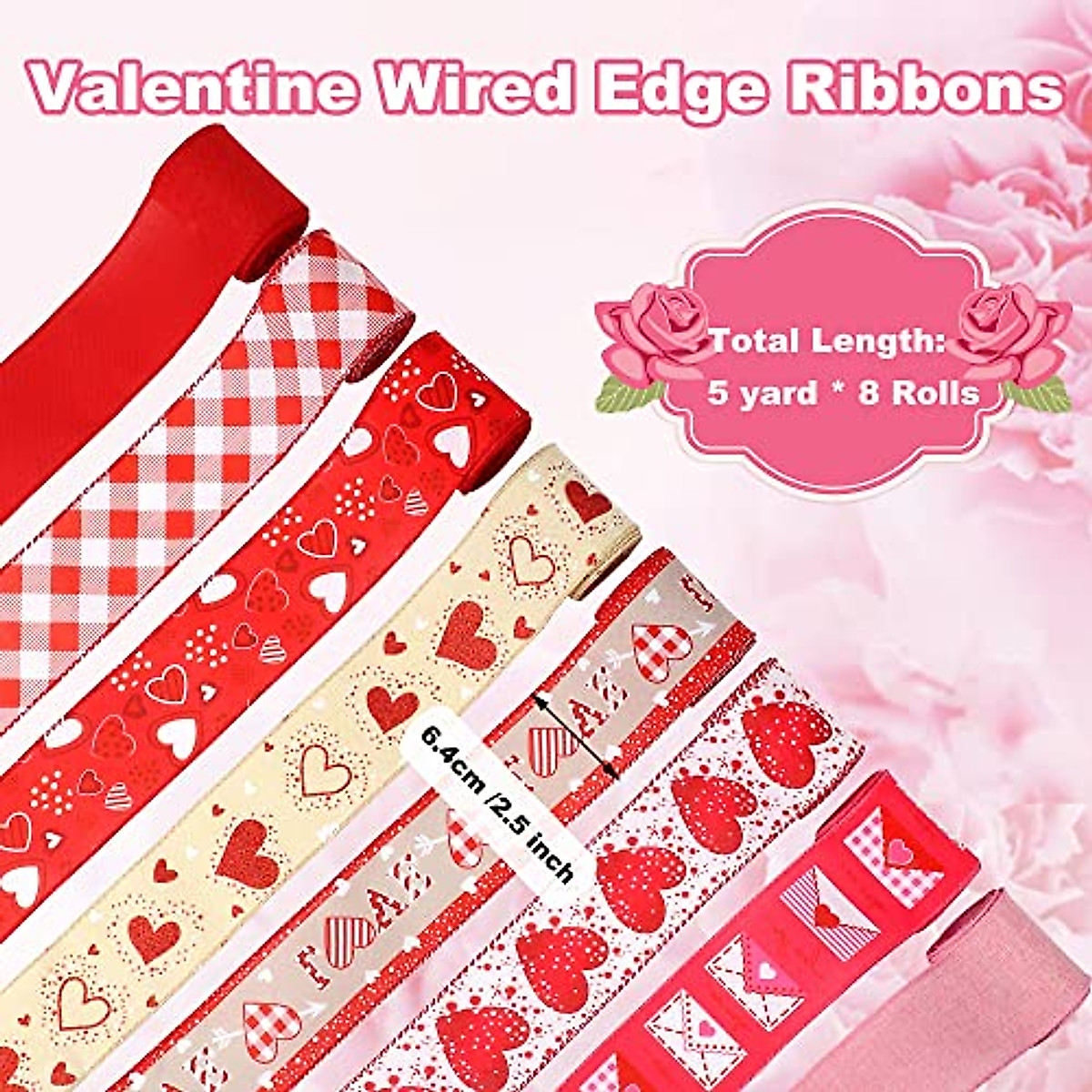 8 Rolls Heart Burlap Ribbon 2.5" Valentine's Day Ribbon Red Pink Buffalo Plaid Wired Edge Heart Love Ribbon for Gift Wrapping Wedding Anniversary Home Decor Floral Bows Wreath Craft and DIY, 40 Yards
