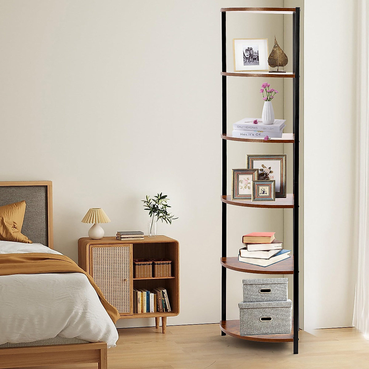 thksbought 6 Tier Corner Shelf,Display Shelf,Ladder Corner Wooden Storage Metal Frame Shelf,Multi-Functional Shelf Unit Wall Corner Shelf for Bedroom,Bathroom and Office Space (1,Dark Brown)