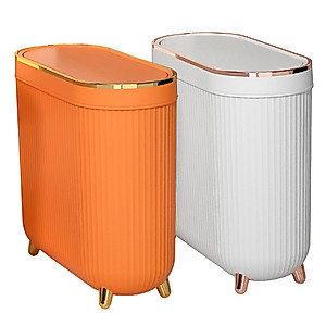 Weduspaty Bathroom Trash Can Slim Trash Can 3.2 Gallons Kitchen Garbage Can with Press Lid Plastic Trash Bin Waste Basket for Bedroom, Office, Living Room Orange, Slim Trash Can