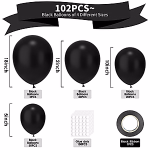 HUICYHFR Black Latex Balloon Arch Kit, 102PCS 18In 12In 10In 5In Arch Garland for Engagement, Wedding, Birthday Party, Anniversary Celebration Decoration With 33FT Ribbon