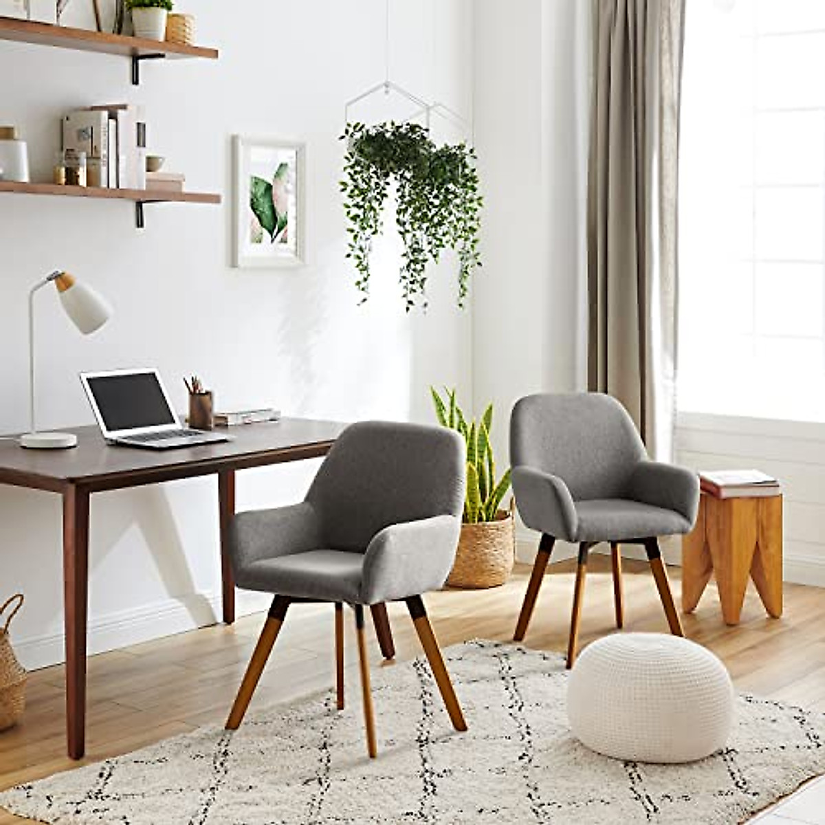 Art Leon Desk Chair No Wheels, Set of 2, Mid Century Modern Swivel Accent Chair, Linen Fabric Upholstered Office Chair Without Wheels, Solid Wood Legs, Gray