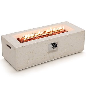 Tangkula 50,000 BTU Outdoor Fire Pit Table, 42" Rectangle Terrazzo Propane Gas Fire Table with Auto-Ignition, Stainless Steel Burner, Lava Rocks & Rain Cover for Patio Backyard Poolside, CSA Certified