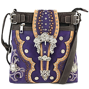Justin West Concealed Carry Western Silver Flower Buckle Laser Cut Embroidered Triple Layer Studded Crossbody Messenger | Trifold Wallet (Purple Messenger ONLY)