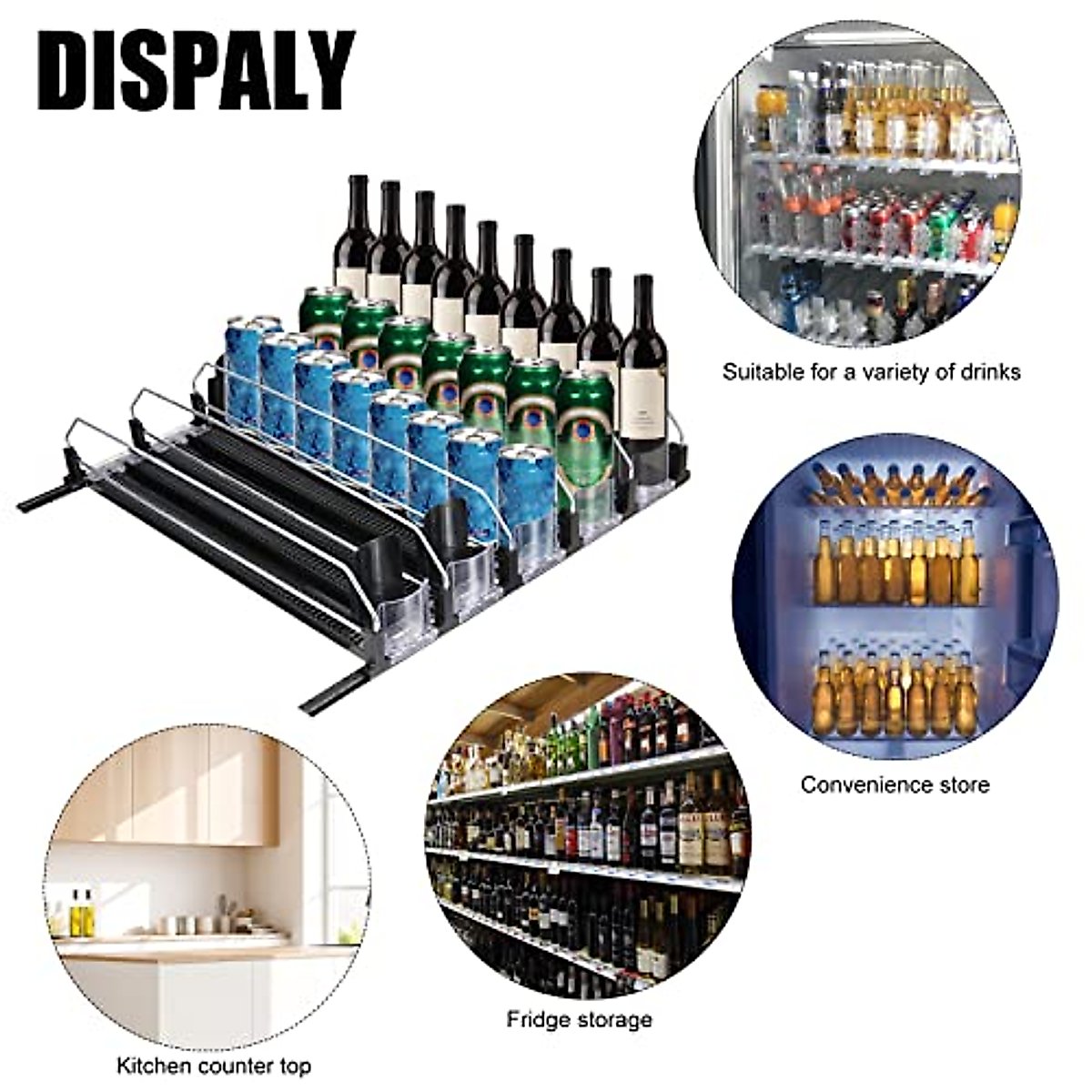 ONCHSH Drink Dispenser for Fridge With Latest Jar Opener Bottle Opener,Automatic Pusher Glide Soda Can Drink Organizer for Refrigerator,Width Ajustable Beverage Self-Pushing-（5，41cm）