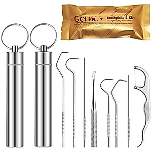 Toothpicks Pocket Set, Dental Floss Picks Kit Reusable, Stainless Steel Teeth Cleaning Tools, Tooth Picker Oral Hygiene Travel (2 Set)