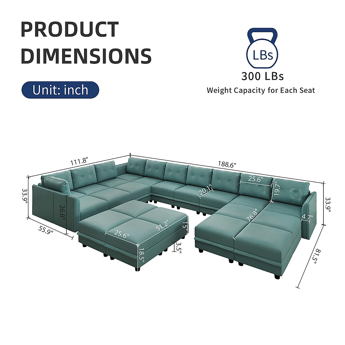 LLappuil Oversized Modular Sofa 21 Seater Sectional Couch with Storage, Large Faux Leather Fabric Waterproof U Shaped Sectional Couch for Living Room, Aqua Blue