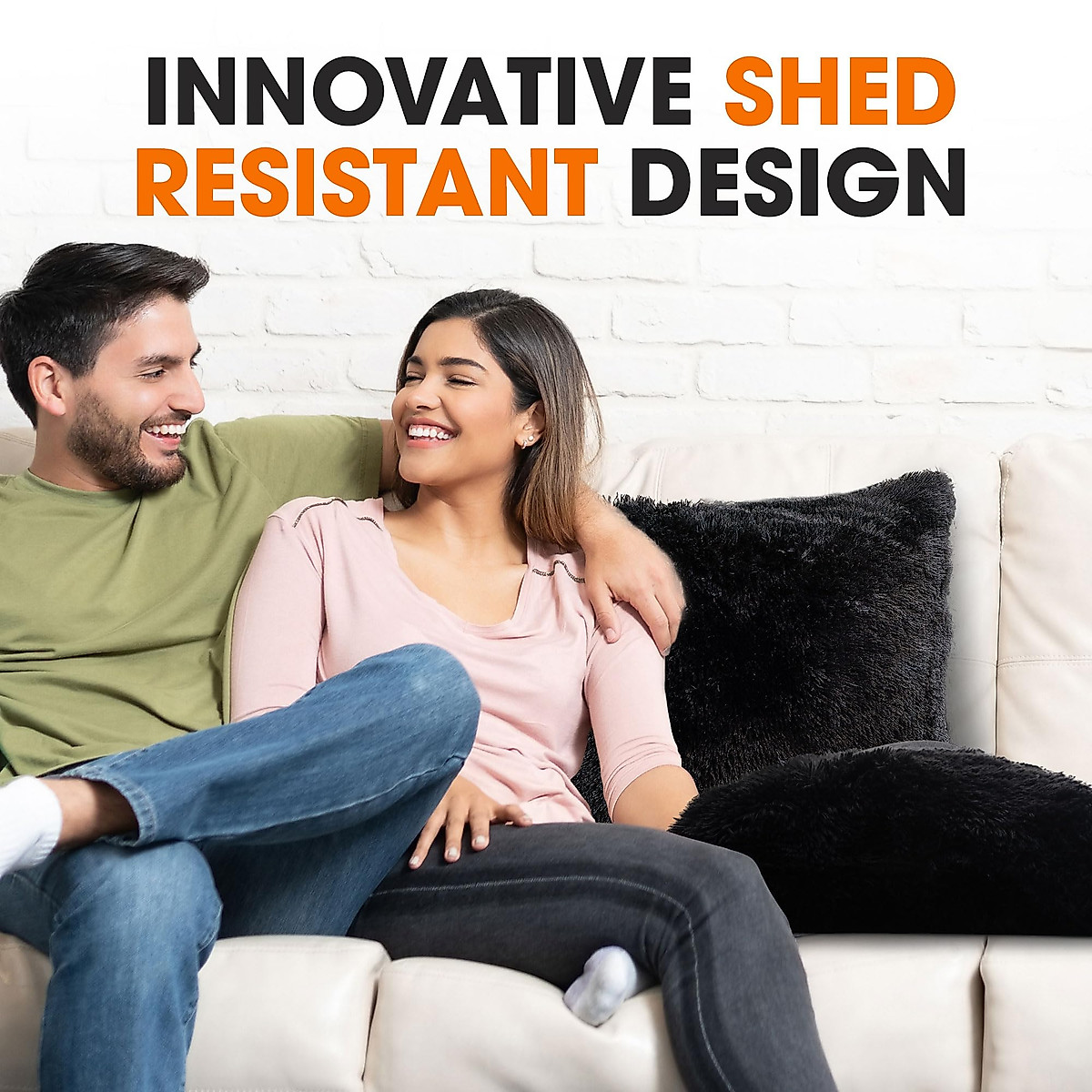 Cheer Collection Throw Pillows for Couch and Bed, Soft Shaggy Throw Pillows with Inserts Included, Cozy Long Hair Faux Fur Pillows - Set of 2-18" x 18" - Black