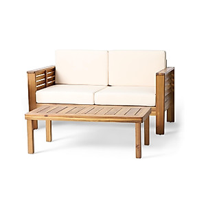 Christopher Knight Home Louver Outdoor Acacia Wood Loveseat and Coffee Table Set with Cushions, 40 "W x 20 "D x 13.75 "H, Teak + Cream
