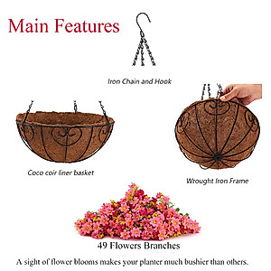 Maybox Artificial Hanging Basket with Flowers for Garden Eave Patio Lawn Decor 49Pcs Fake Daisy Bunches in 11.8 inches Metal Planter with Coco Coir Liner