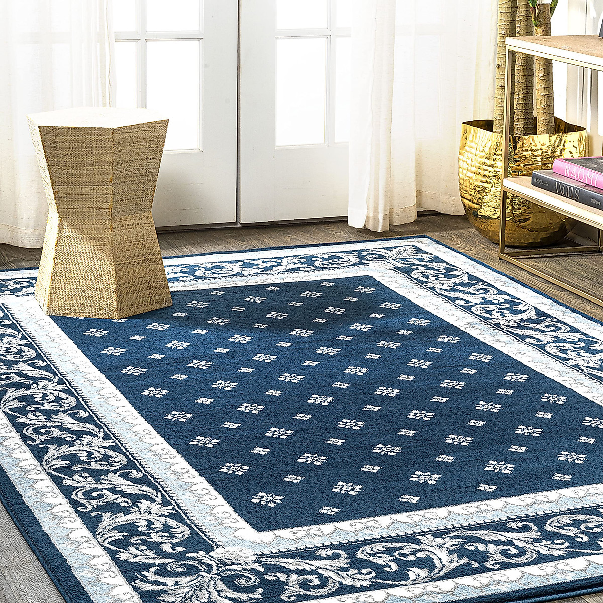 JONATHAN Y MDP504C-8 Acanthus French Border Indoor Area-Rug Bohemian Vintage Easy-Cleaning Bedroom Kitchen Living Room Non Shedding, 8 X 10, Navy/Blue