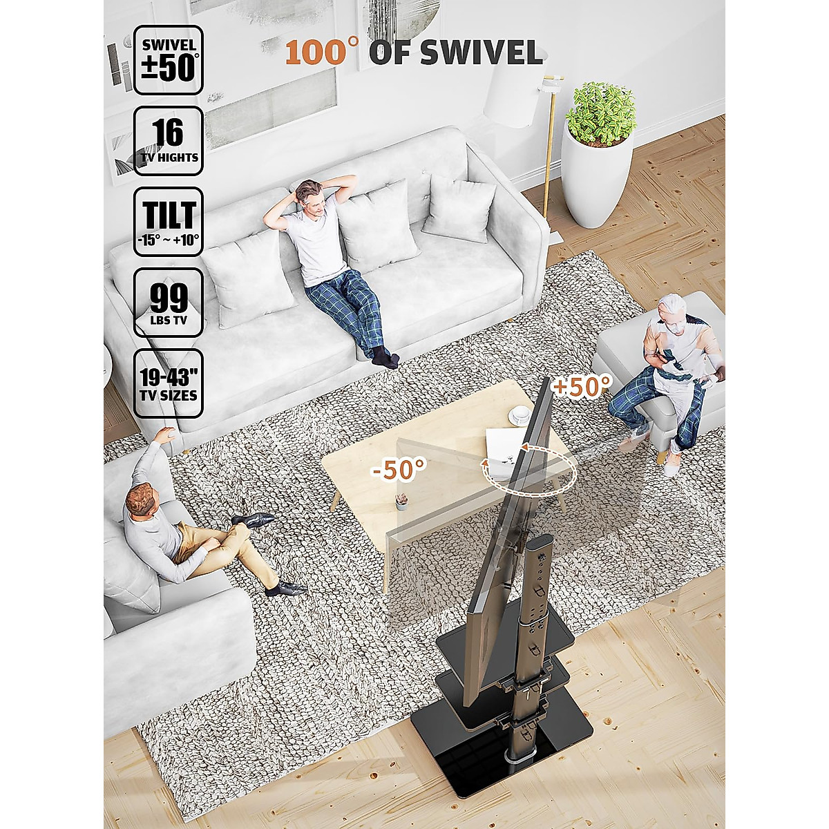 Universal Floor TV Stand with Mount for 19 to 43 inch Flat Screen TV, 100 Degree Swivel,Adjustable Height and Tilt Function, 3 Shelves Space Saving Standing TV Mount for Bedroom Living Room Corner