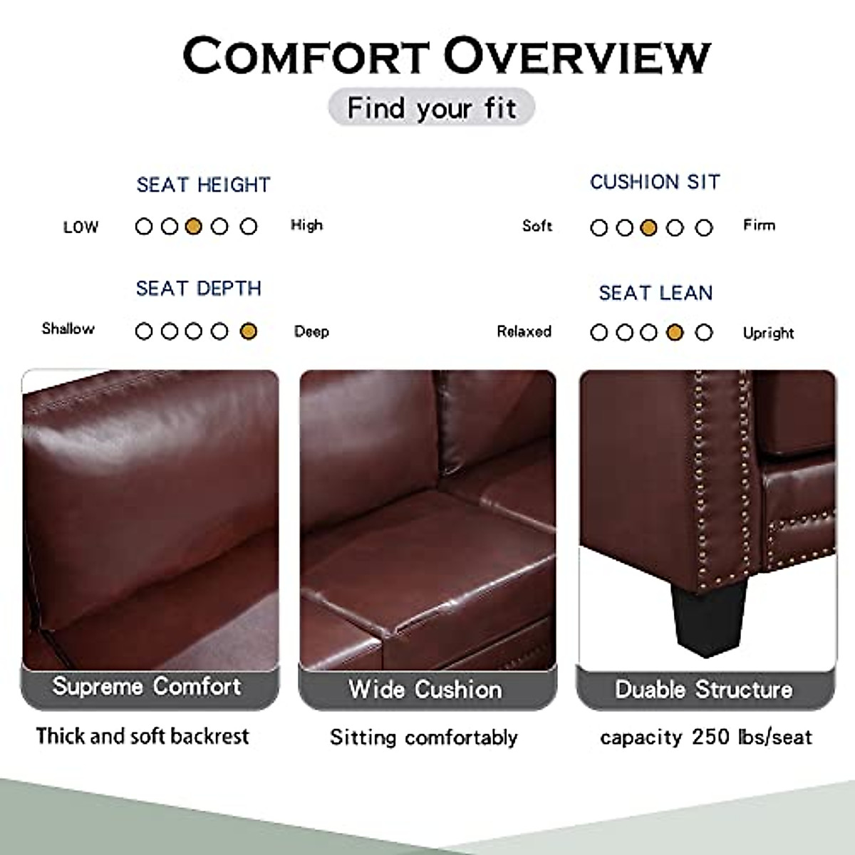 DHHU Mid-Century Sectional Corner Sofa L-Shape Scroll Arms & Rivet Ornament for Large Space Dorm, Living Room Apartment Office Furniture, Brown Couch