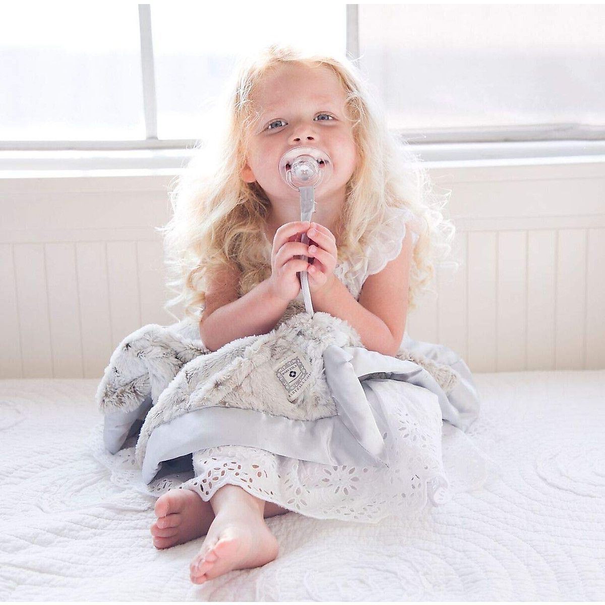 ZALA MOON Zalamoon Luxie Pocket Plush Baby Toddler Security Blanket with Pacifier Strap and Corner Pocket (Snow Leopard) - No More Lost Binkies