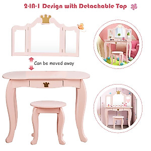 MAT EXPERT Kids Vanity Table & Stool, Princess Makeup Dresser w/Removable Tri-Folding Crown Mirror, 2 in 1 Wooden Kids Girl Vanity w/Drawer, Princess Pretend Play Makeup Dresser Gift (Pink)