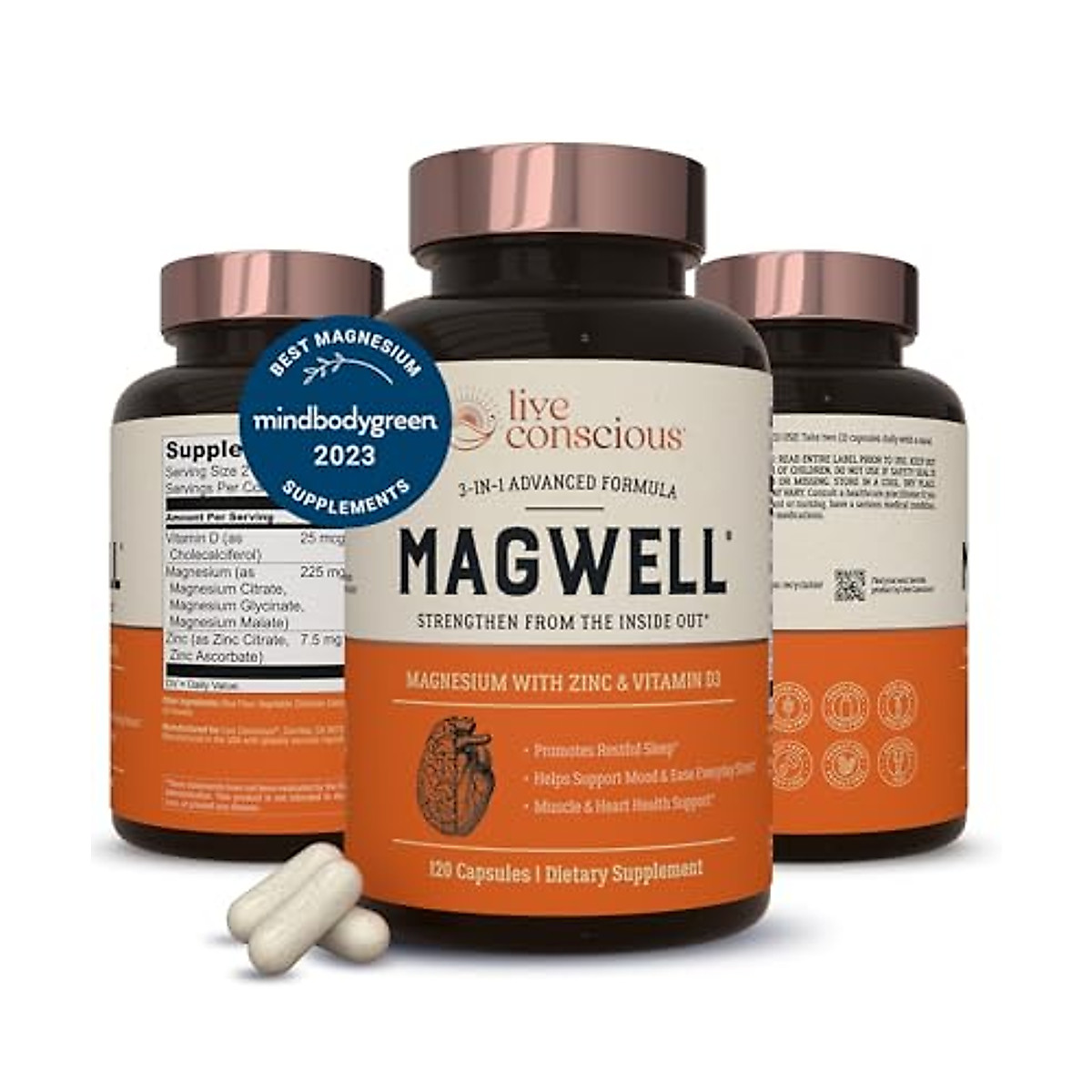 Live Conscious Magnesium Zinc & Vitamin D3 - Bioavailable Forms of Magnesium - Malate, Glycinate, Citrate - MagWell Bone & Heart Health, Immune System Support - 120 Capsules (2-Pack)