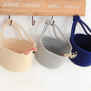 Wakauto Woven Hanging Basket Cotton Rope Storage Basket Sundries Organizer Round Container- 7 x 7 Small Hang Basket for Key, Sunglasses, Wallet on Door(Grey)