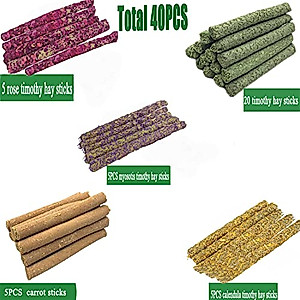 Rabbit Chew Toys 40pcs Timothy Hay Sticks About 14oz/400g Hamster Molar Snacks Handmade are Perfect Food Accessories for Bunny Guinea Pigs Rats Chinchillas Gerbils (40pcs Multiple Flavors Hay Sticks)