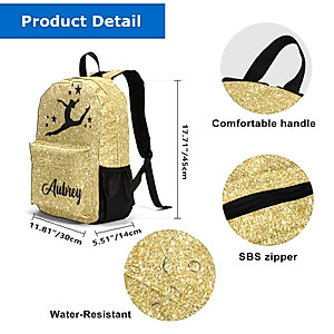 Gymnastic Yellow Gold Glitter Personalized Backpack for Teen Boys Girls,Custom Travel Backpack Bookbag Casual Bag with Name Gift 11.81"(L) x 5.51"(W) x 17.71"(H)
