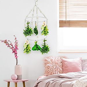 QWORK Dual Layer Bohemian Herb Drying Rack - Rustic Beige Handwoven Cotton Rope with Wooden Beads & Solid Wood Ring - 15 Stainless Steel Hooks for Drying Herbs, Flowers, and Buds