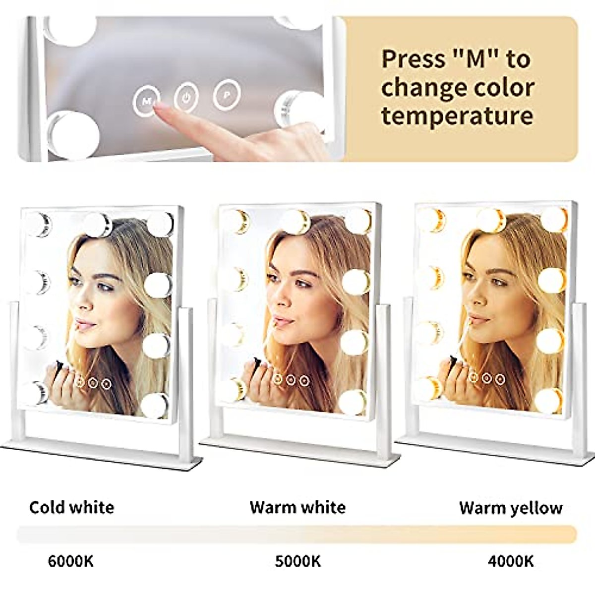 NUSVAN Vanity Mirror with Lights,Makeup Mirror with Lights,3 Color Lighting Modes Detachable 10X Magnification Mirror Touch Control,360°Rotation