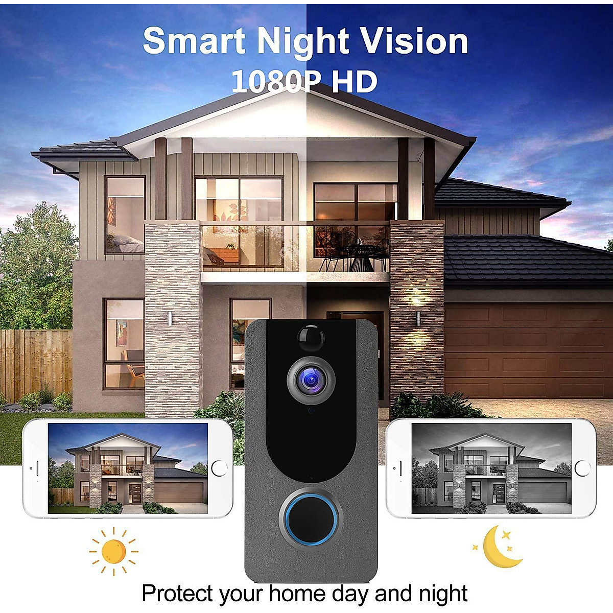 Wireless Video Doorbell Camera, WiFi Doorbell Camera IP65 Outdoor Waterproof 1080P HD WiFi Night Vision Sports Storage Free Cloud Storage for iOS & Android