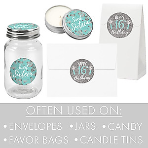 Blue Sweet 16 Birthday Stickers - Sixteen Happy 16th Party Round Labels - 40 Count