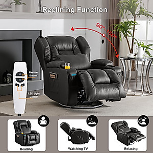ETAGERIA Power Swivel Rocker Recliner Chair with Massage and Heat 360 Degree Glider Rocking Chairs Ergonomic Lounge Rocker w/Cup Holder/Remote/LED Light for Nursery,Living Room,Home Theater (Black)