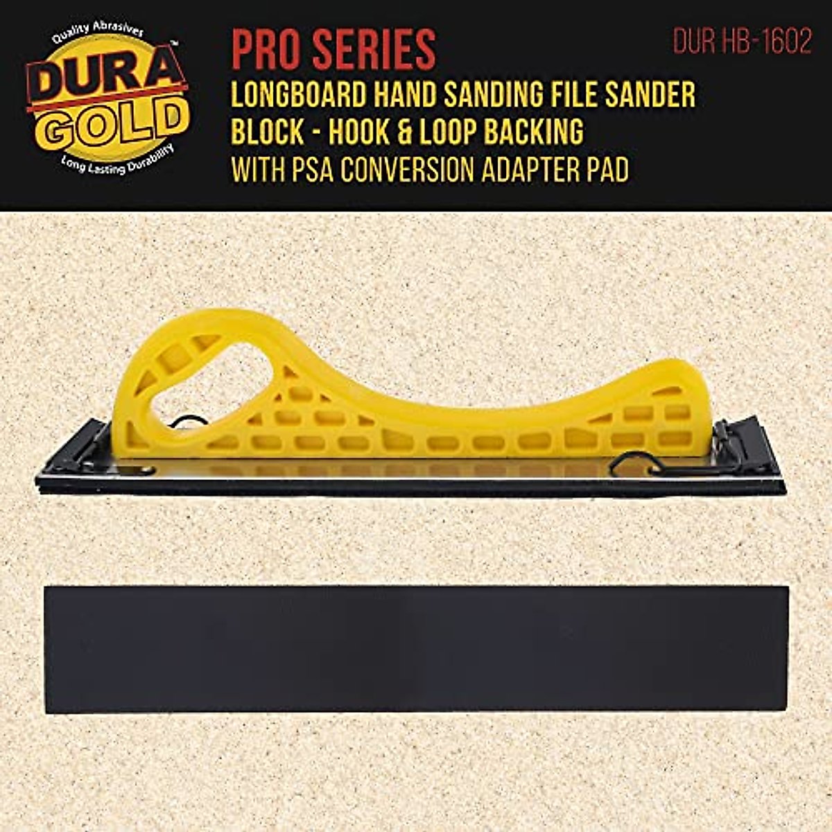 Dura-Gold Pro Series Longboard Hand Sanding File Sander Block - Hook & Loop Backing and PSA Backing Conversion Adapter Pad, Clip-On Sandpaper, Continuous Rolls, PSA Sheets, Sand Auto Paint Woodworking