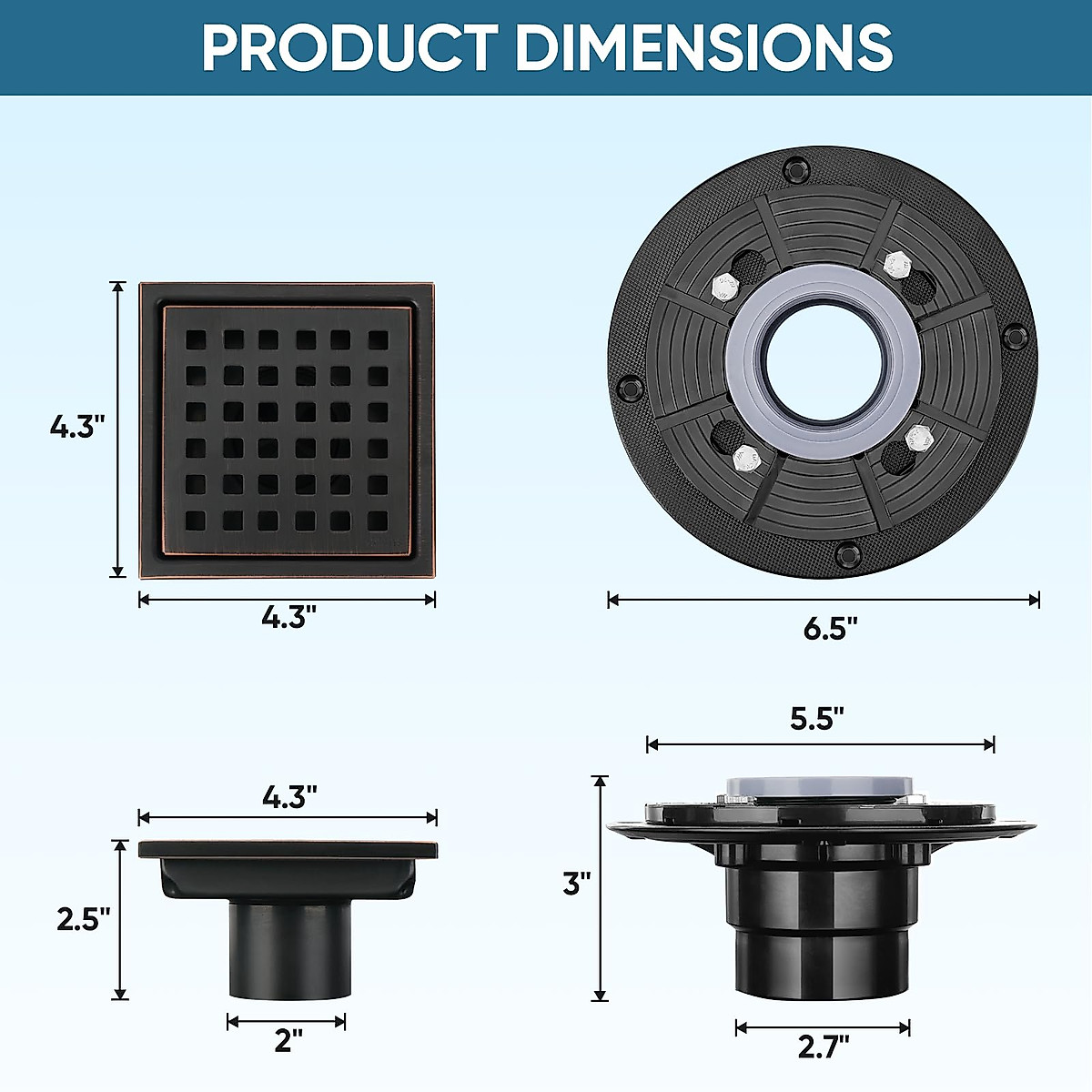 TICONN 4'' Square Floor Shower Drain, Lattice Square Perforated Pattern Easy Cleaning Removable Grate, Rustproof SUS 304 Stainless Steel (Oil Rubbed Bronze, 4'')