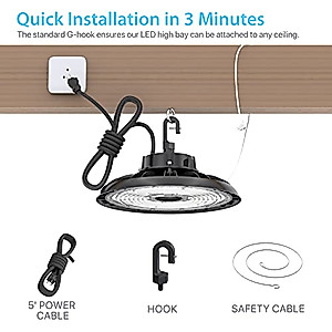 HYPERLITE High Bay LED Lights 100W 14000LM 5000K, 450W MH/HPS Eqv. LED High Bay Light with UL US Plug(Optional Sensor Function-Extra Purchase), IP65 Commercial Garage Shop Barn Area Lighting 1PC