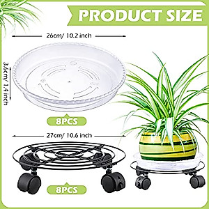 8 Pack Metal Plant Stand Plant Dolly with Wheels Iron Rolling Plant Stand with Casters Heavy Duty Round Flower Pot Rack with 8 Pcs Plastic Saucers for Indoor Outdoor Plant Pot (Black,10.6 Inch)