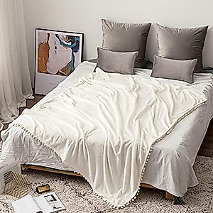 MIULEE Fleece Blanket with Pompom Fringe, Soft Cozy Lightweight Flannel Bed Blanket Fuzzy Plush Warm Blanket with Boho Decorative Tassel for Couch Sofa, Throw Size 50"x60", Cream White
