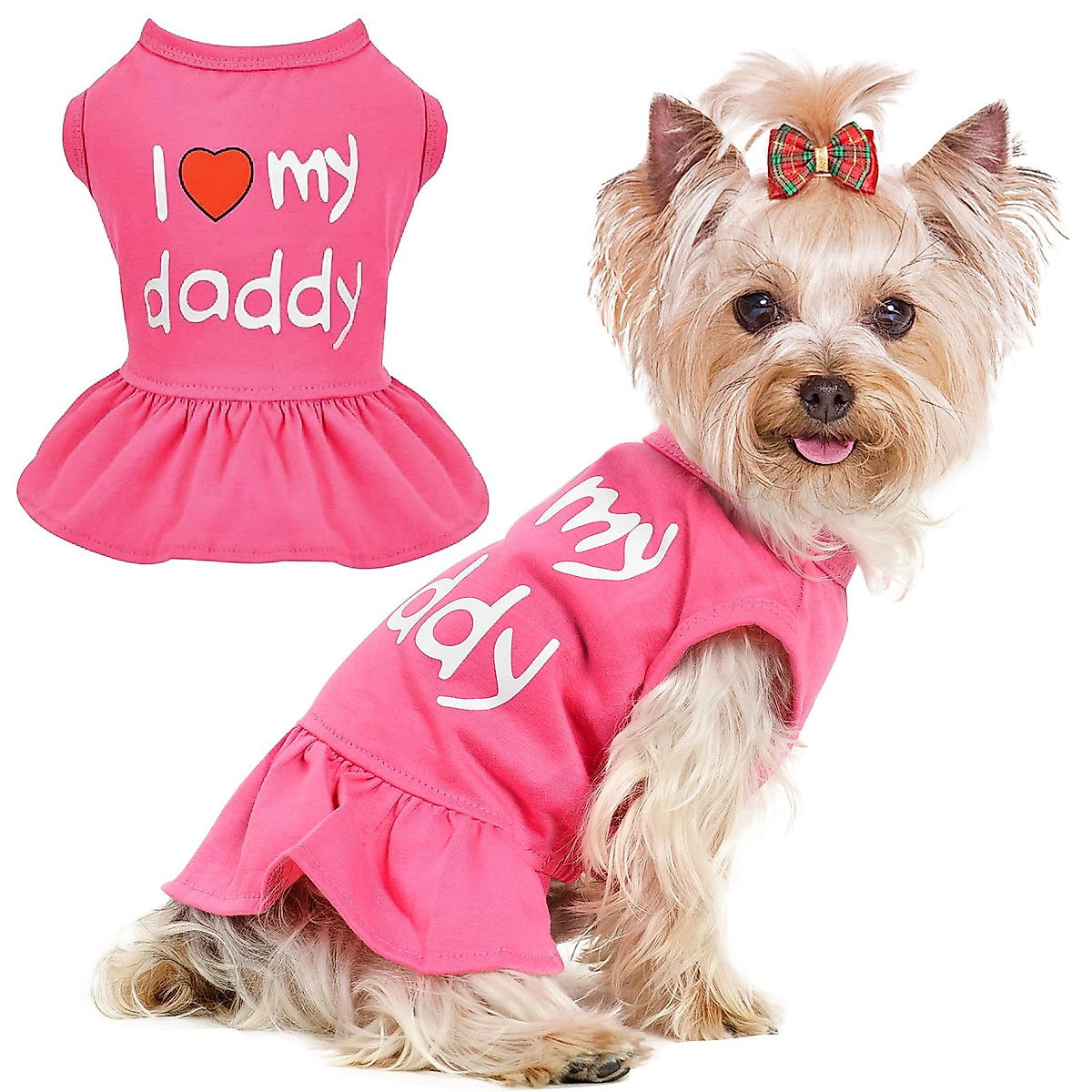 Dog Dresses for Small Dogs Girl, Cute Dog Clothes I Love My Mom/Dad Pink Dog Dress Breathable Pet Spring Summer Clothes Puppy Cat Outfits for Valentines Day