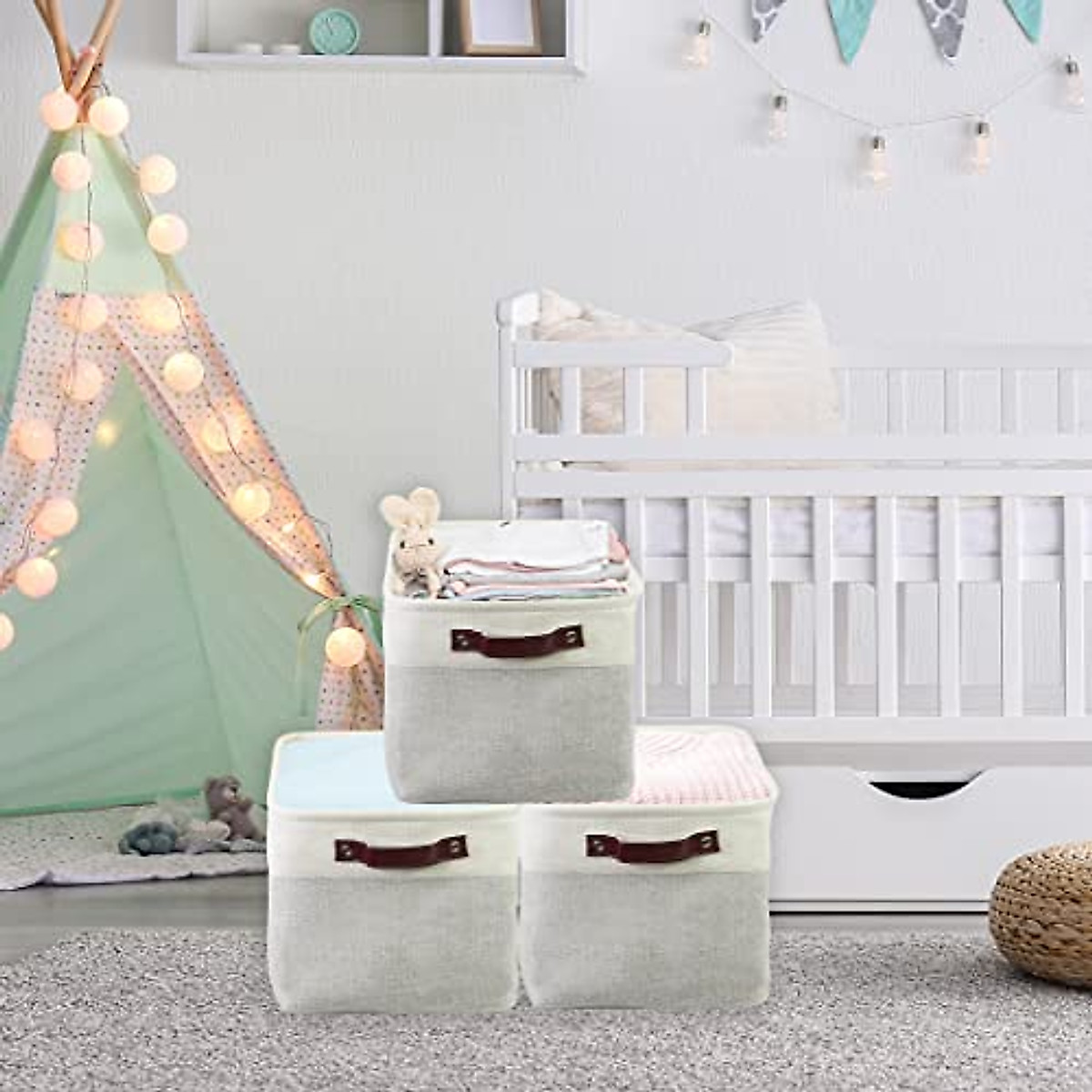 Simple Houseware 3 Pack Grey Fabric Storage Bin with Leather Like Handles