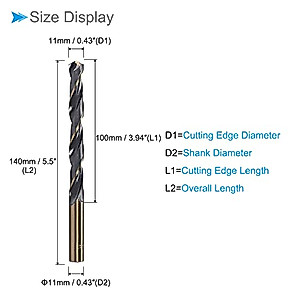 CoCud Twist Drill Bits, 11mm Cutting Edge, Titanium & Nitride Coated High Speed Steel 4341 Round Shank - (Applications: for Stainless Steel Drilling Machine), 2-Pieces