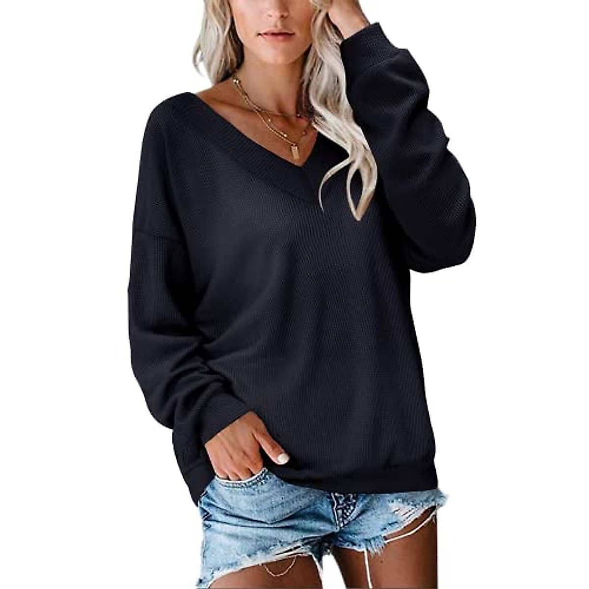 OUGES Womens Tie Back Knit Tops V Neck Long Sleeve Casual Sweater Pullover（Navy,M）