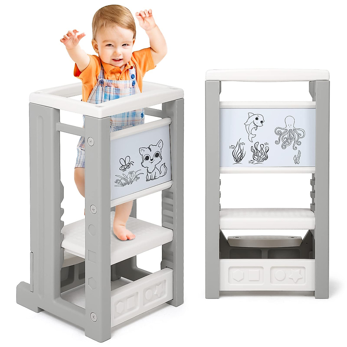 Toddler Tower - Toddler Standing Tower for Kitchen Counter & Sink, Kids Kitchen Step Stool Helper, Anti-tip Structure More Stable, with Dry Erase Board, Ages 18 Months to 5 Years (Grey)
